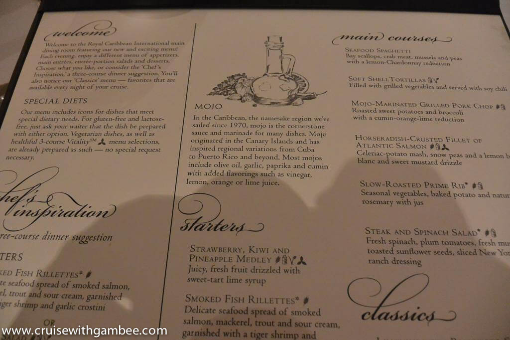 2014 Royal Caribbean Menus Cruise With Gambee