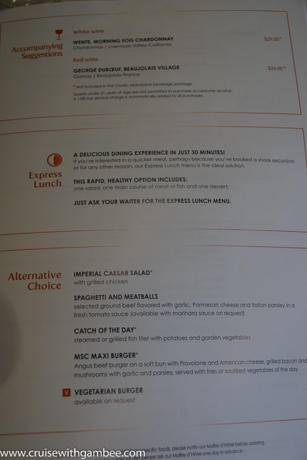 MSC Cruises Divina Menus – cruise with gambee