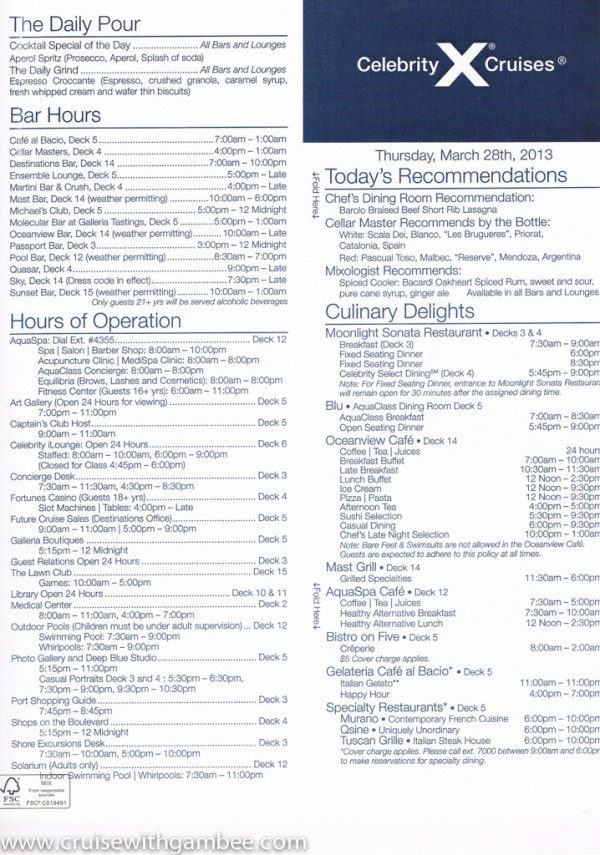 Celebrity Eclipse Today Daily Program – cruise with gambee