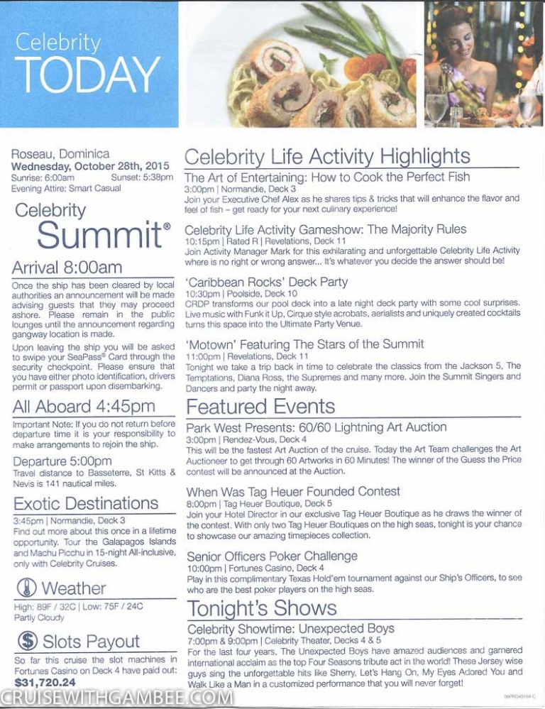 Celebrity Summit Today Daily Activity planner – cruise with gambee